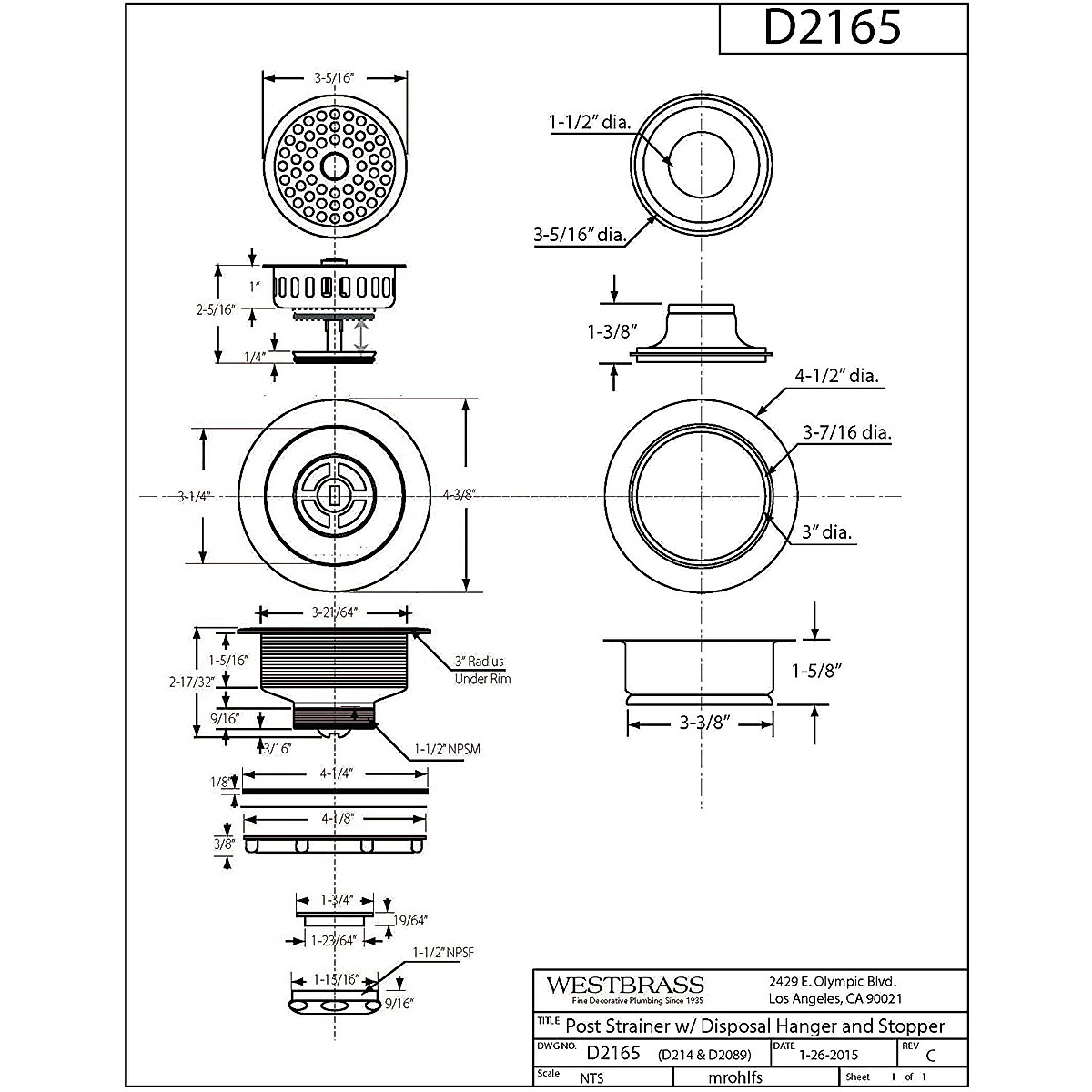 Westbrass D2165-25-62 4-1/4" OD Post Style Large Kitchen Basket Strainer with Waste Disposal Flange and Stopper Drain Set, 1-Pack, Matte Black