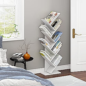 Function Home Tree Bookshelf, 9 Shelf Small Geometric Bookcase, Free Standing Book Shelves, Unique Wood Storage Rack for CDs/Books Utility Organizer Shelves for Living Room, Bedroom, Home Office,White