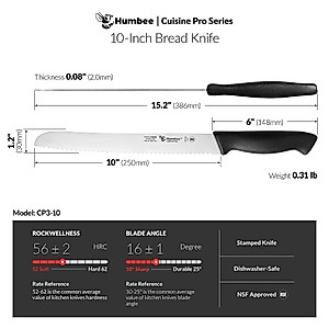 HUMBEE Cusine Pro, 10 inch Bread Knife, Serrated Knife Wave Razor-Sharp Blade Comfortable Grip Dishwasher Safe, NSF Certified