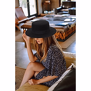 Women-Pork-Pie-Wide-Brim-Hat - Wide-Brim-Fedora-Hat with Band-Lady-PanamaHats Trilby-Cap-Autumn-Winter-Black
