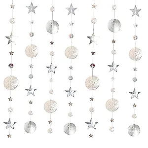 3 Pack Silver Party Decorations Moon Star Garland Ramadan Hanging Stars Circle Streamer Banner Backdrop Background for Wedding Birthday Christmas New Year EID Graduation Decor