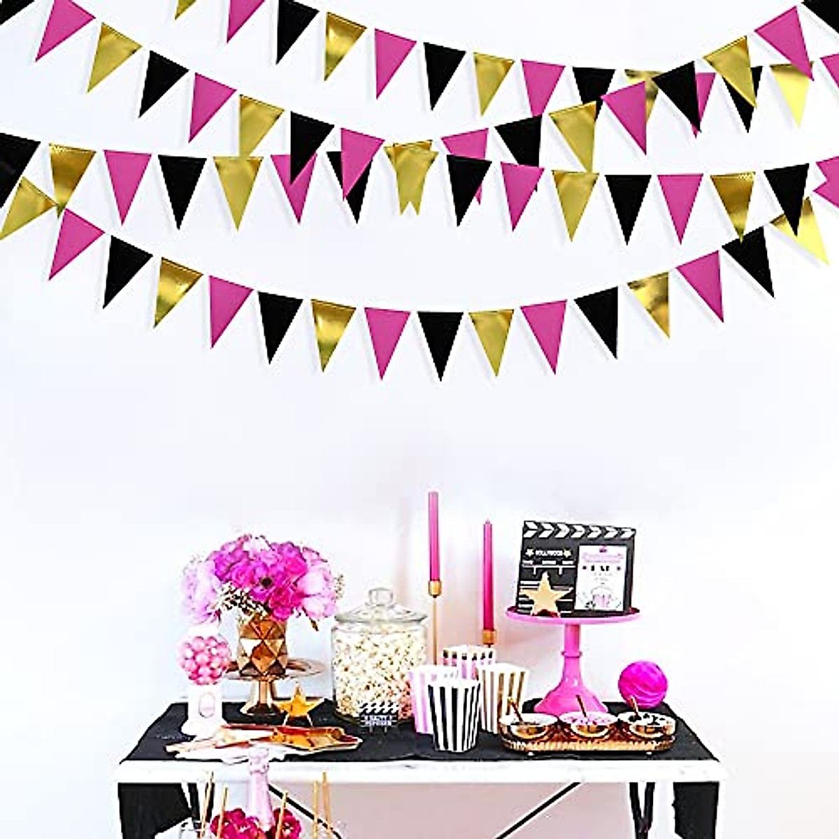 30 Ft Black Hot Pink and Gold Party Decorations Hanging Paper Triangle Banner Bunting Flag Pennant Garland for Birthday Bachelorette Engagement Wedding Baby Bridal Shower Anniversary Party Supplies