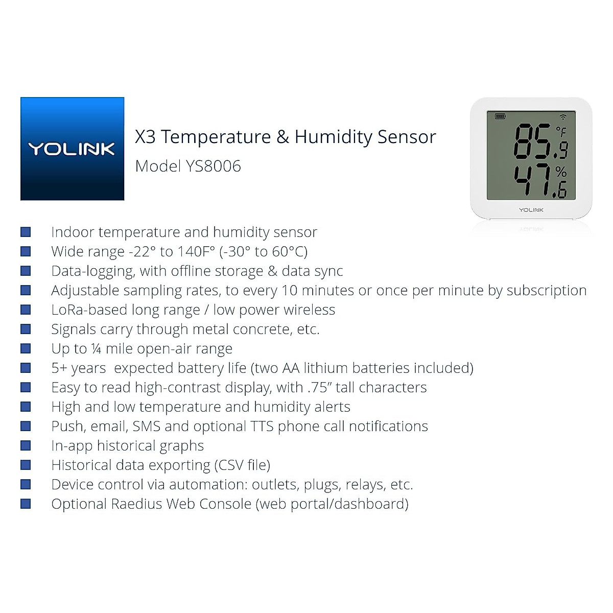 YoLink X3 Version Temperature & Humidity Sensor, Supports App Real-Time Data Refresh, Alexa, IFTTT, Home Assistant Integration - YoLink Hub Required