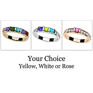 Central Diamond Center Princess with side CZs Mothers rings 1 to 6 Simulated Birthstones - Sterling Silver - Size 7