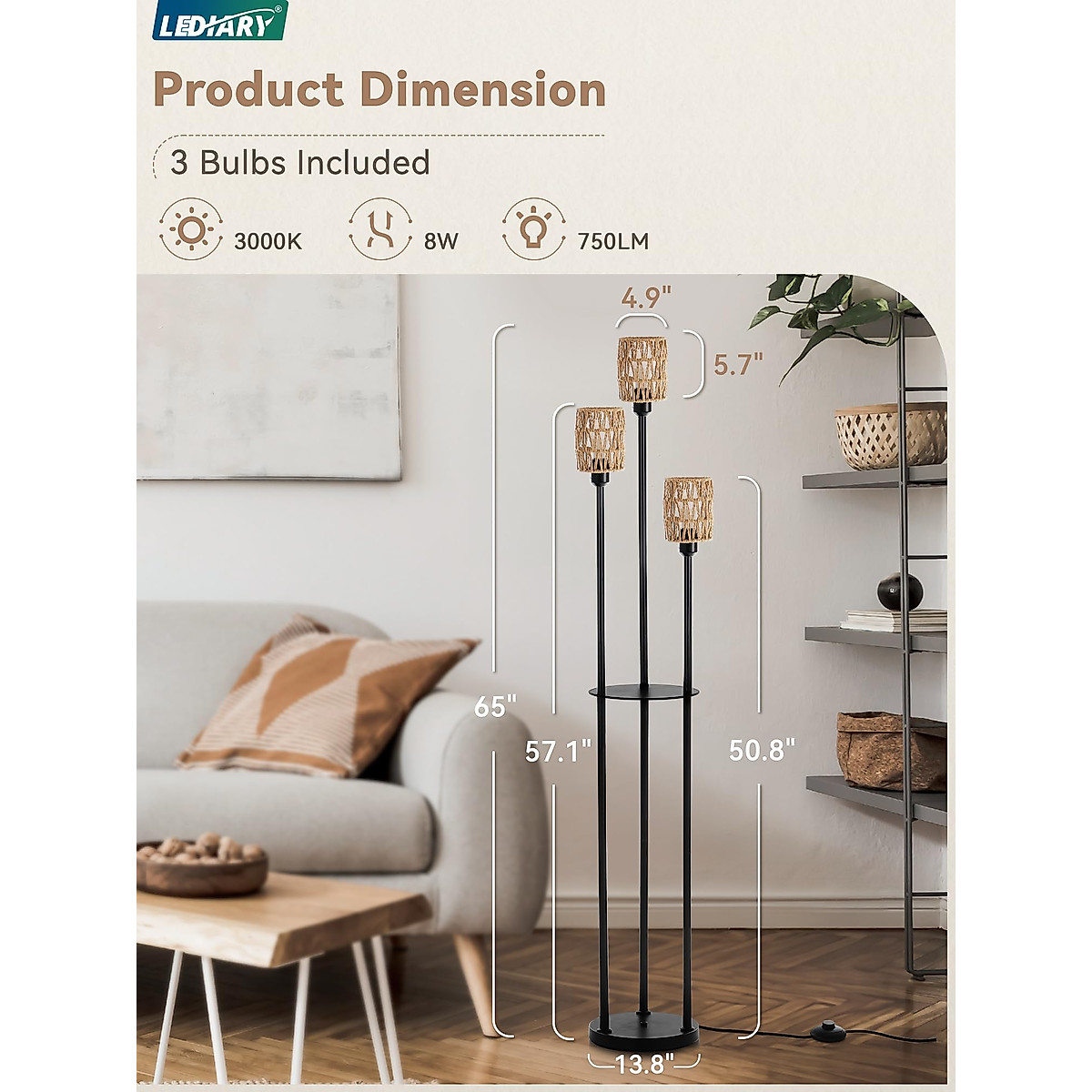 LEDIARY 65" Boho Floor Lamp for Living Room Rattan Floor Lamp with Shelves, 3 LED Bulbs Included Standing Lamp, Floor Lamp for Living Room, Bedroom, Office