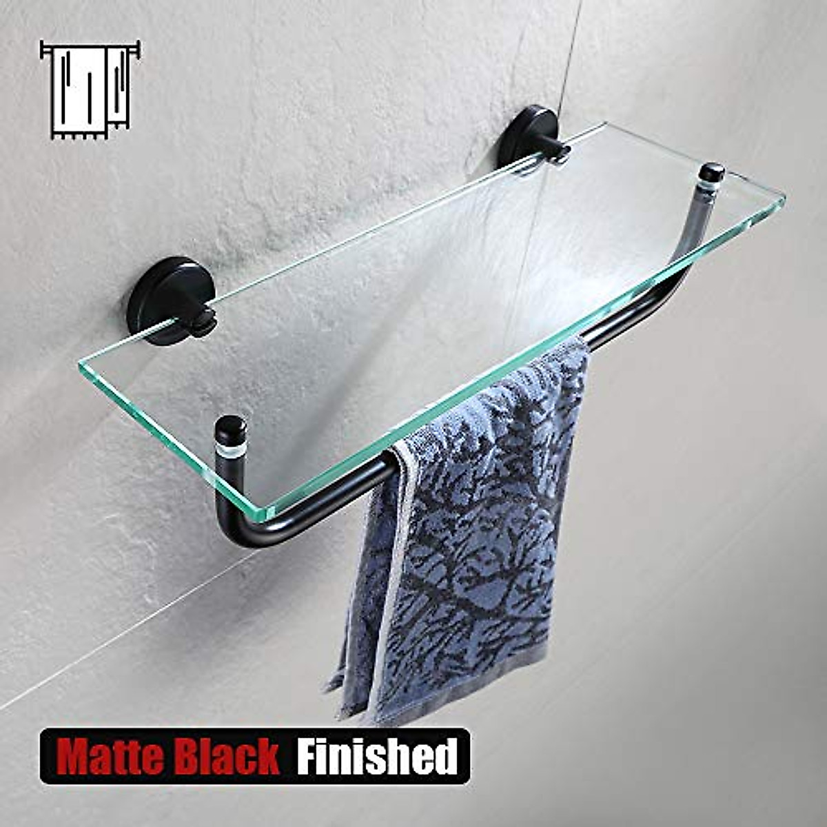 JQK Bathroom Glass Shelf, Shelf with 15 Inch Towel Bar Tempered Glass Shower Storage 16 by 5 inches, 304 Stainless Steel Matte Black Wall Mount, TGS100-PB