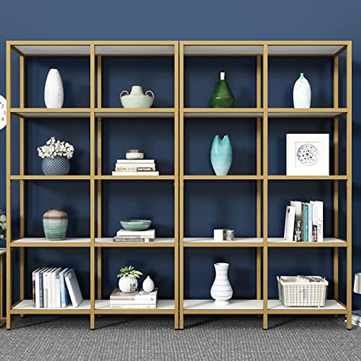 Loomie Gold Etagere Bookshelf Bookcase, 39.37" W x 70.66" H Modern 5-Tier Freestanding Open Book Shelves, Golden Display Shelf Storage Rack Shelving Unit for Living Room (White)
