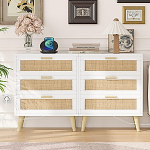 Irontar Rattan Nightstand with Charging Station, Night Stand with Rattan Decorated Drawers, Accent End Table, Bedside Table with Solid Wooden Legs for Bedroom, White and Natural BZZ006WME