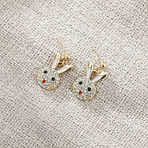 Crystal Bunny Earrings for Women, Shiny Rhinestones, Lightweight Hypoallergenic Gold/Silver Animal Drop Earrings (Gold)
