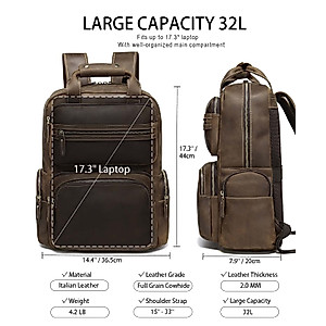 Taertii Vintage Full Grain Genuine Leather Backpack For Men 18'' Laptop Bag Large Capacity Business Weekender Travel Hiking Shoulder Daypacks Rucksack - Brown