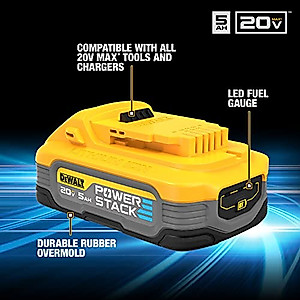 DEWALT 20V MAX Battery, POWERSTACK, More Power + More Compact, Rechargeable 5Ah Lithium Ion Battery (DCBP520)