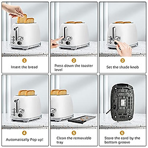 Toaster 2 Slice ,1.5"Extra Wide Slots Toaster,Retro Stainless Steel with Bagel, Cancel, Defrost, Reheat Function and 6-Shade Settings, Removal Crumb Tray (White)
