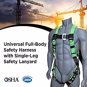 AFP Universal Full-Body Fall Protection Safety Harness w/Dorsal D-Ring Tongue Buckle Legs Hi-Viz Green, Shock Absorbing Lanyard (OSHA/ANSI Rated) (1 Pack, Harness + Single Leg Lanyard w/Snap Hooks)