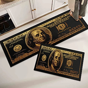GUBIYU Black Bathroom Rug Set 100 Dollar Bill Kitchen Rug Money Rugs Nonslip Rubber Backed Gold Bathroom Mats and Rugs Sets Rug Runner Floor Mat Washroom Bathroom Laundry Doormat (17.5"X29"+17.5"X59")