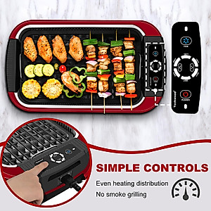 Indoor Smokeless Grill, Techwood 1500W Electric Indoor Grill with Tempered Glass Lid, Portable Non-stick BBQ Korean Grill, Turbo Smoke Extractor Technology, Drip Tray& Double Removable Plate, Red