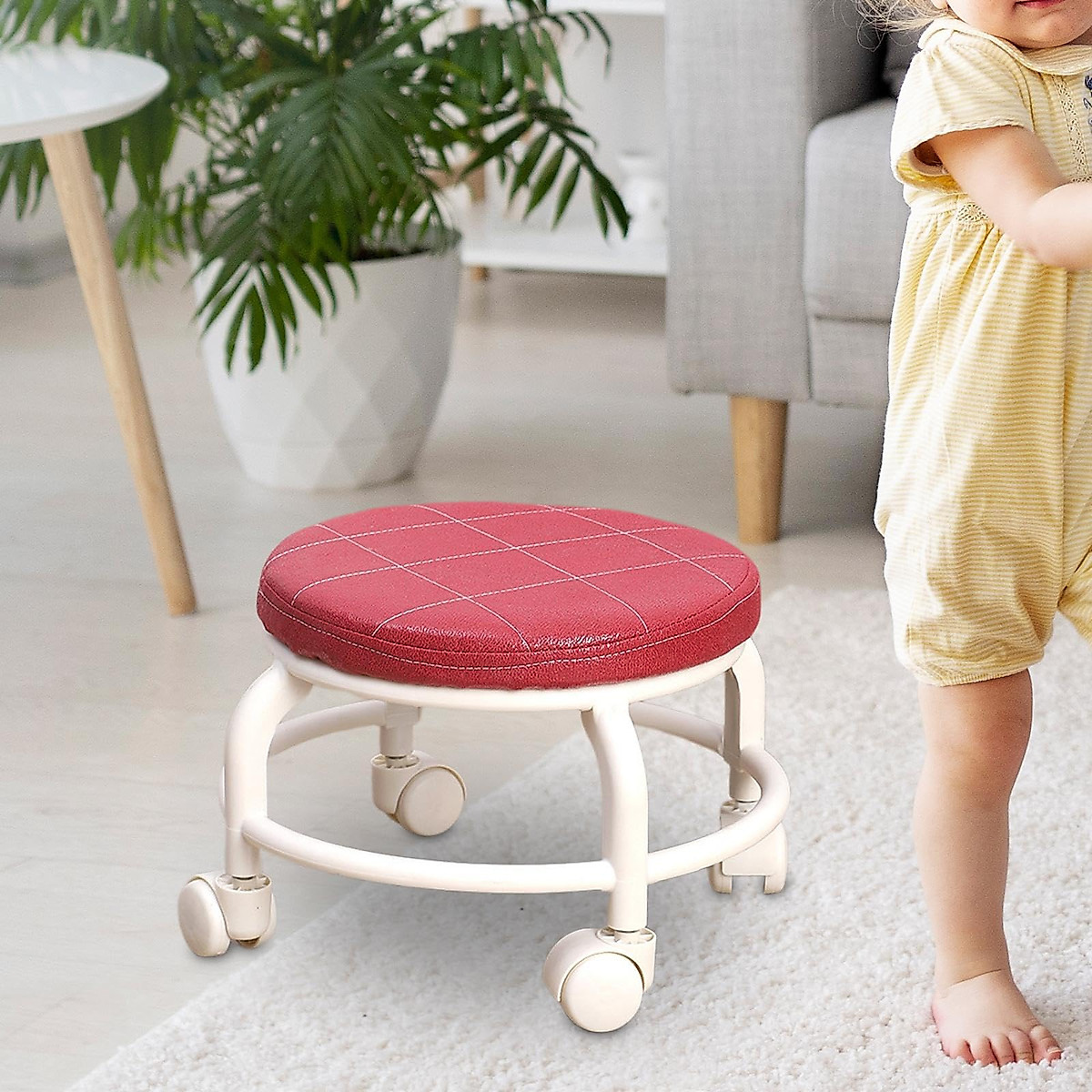 figatia Rolling Stools with Wheels Low Height Rolling Stool Portable Comfortable Household Small Shoe Stool Seat Pulley Wheel Stool for Home Kitchen, Red