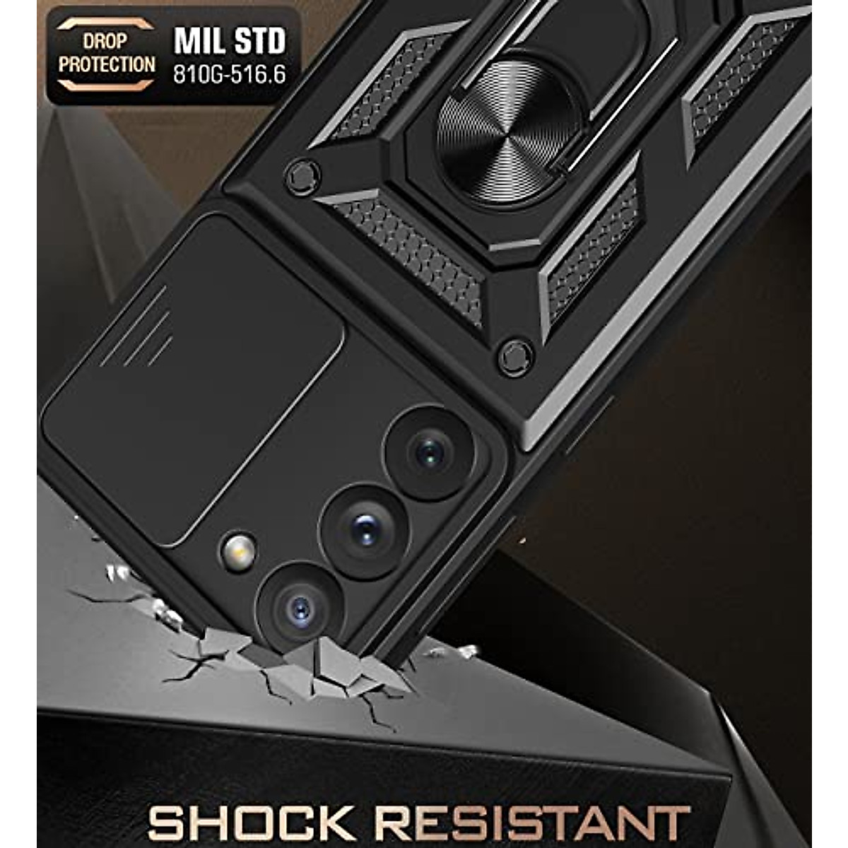 CCSmall Case for Samsung Galaxy S23 5G with Slide Camera Cover, Military Grade Drop Protective Phone Cover Case with Ring Kickstand for Samsung Galaxy S23 5G SJ Black