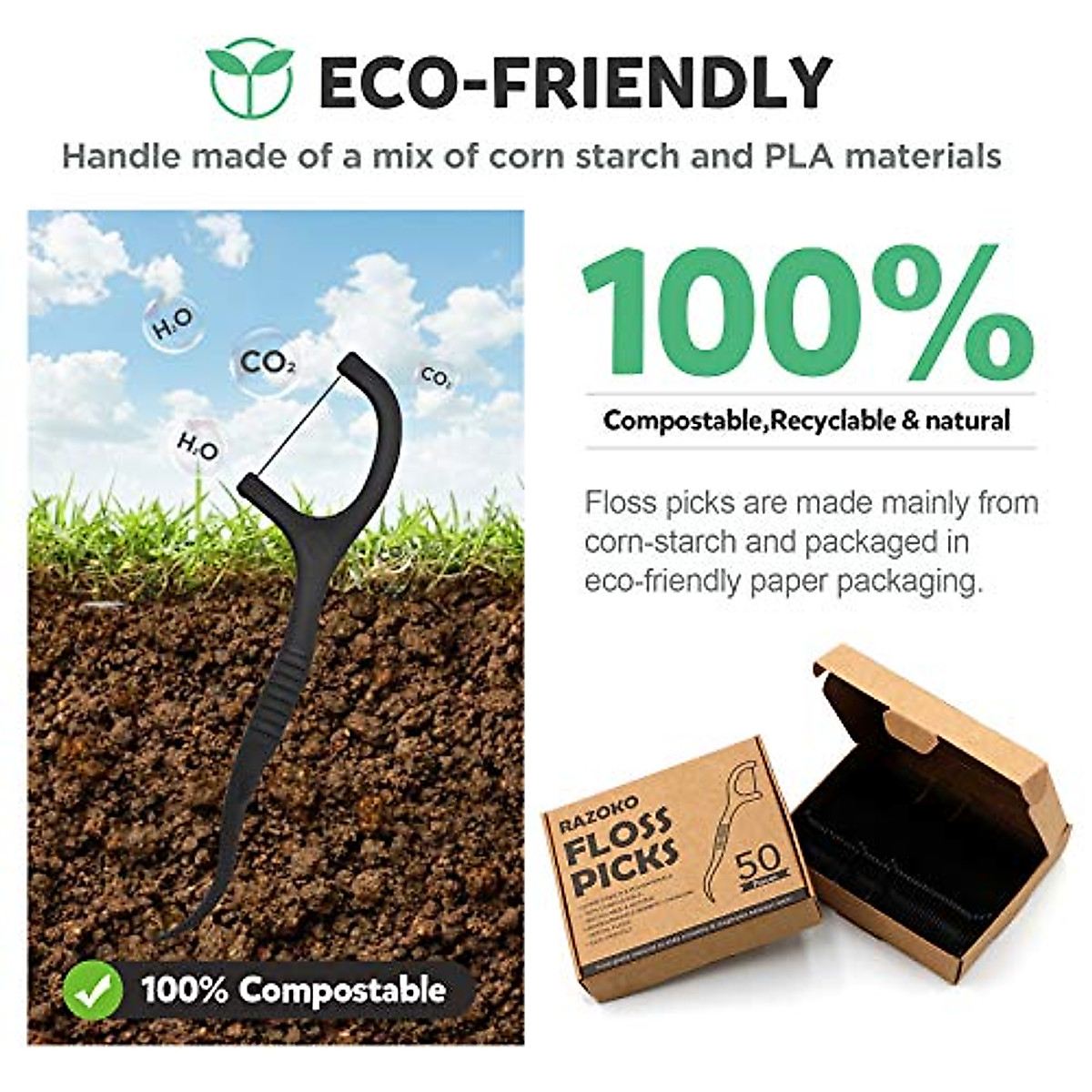 Natural Dental Floss Picks High Toughness Charcoal Toothpicks Sticks-Vegan,Eco-Friendly Sustainable Flossers for Teeth Cleaning (400 Count)