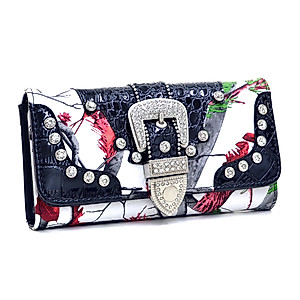 Western Purse Rhinestone Buckle Accent Handbag & Matching Wallet Set - Red/Black/White