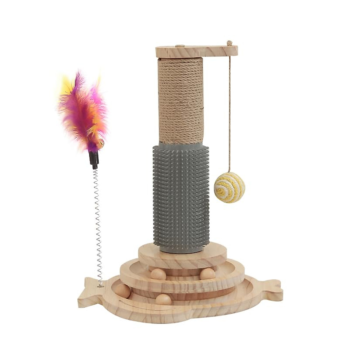 PetnFam 5in1 Sturdy Base Cat Scratching Post,Cat Scratcher Includes 6 Spare Teasing Sticks,Premium Sisal Tall Scratcher Interactive Track Toys,Massage Brush,Dangling Ball for Indoor Kittens and Cats