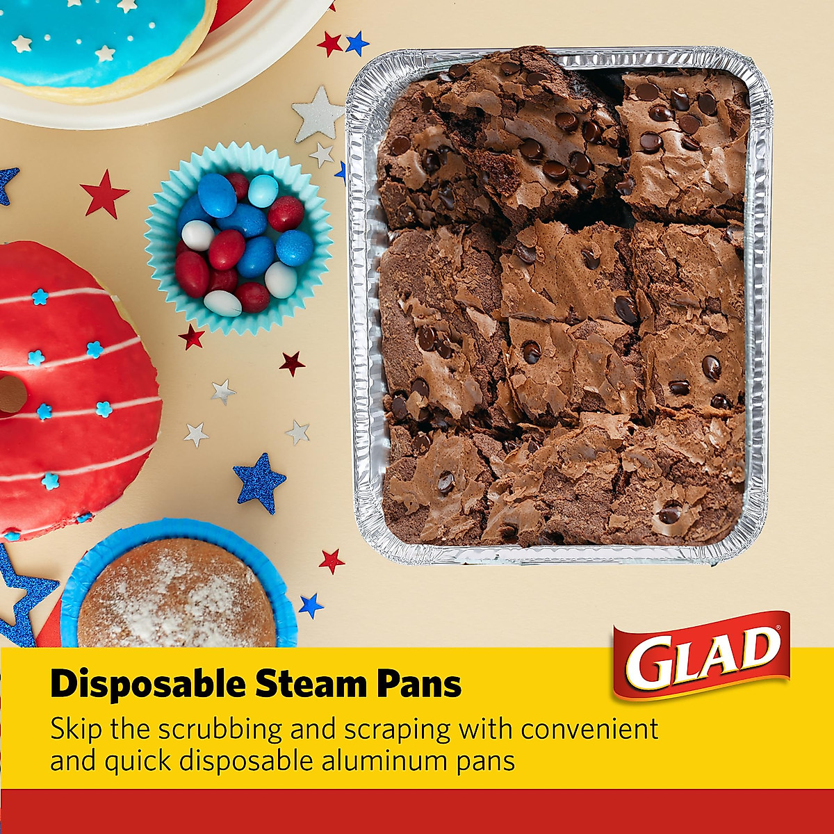 Glad Disposable Aluminum All Purpose Pans in Red, White & Blue Stars, 3ct with Lids - Printed Colorful Foil Steam Pans - 12.5” x 10.2” x 2.16” Aluminum Pan - Disposable Steamware