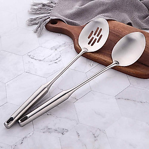 1 Solid Spoon 1 Slotted Spoon Stainless Steel, BUY&USE 2 Pcs Durable Cooking Utensil, 15 Inches Long Handle Serving Spoon