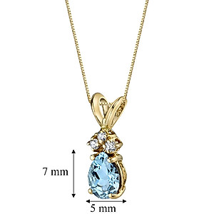 PEORA Solid 14K Yellow Gold Aquamarine with Diamonds Pendant for Women, Genuine Gemstone Birthstone Dainty Teardrop Solitaire, Pear Shape, 7x5mm
