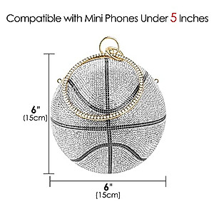 Clutch Purses for Women Evening, Small Basketball Rhinestone Lady Party Wedding Bag, Crossbody Shoulder Ring Handle Handbag (Silver)