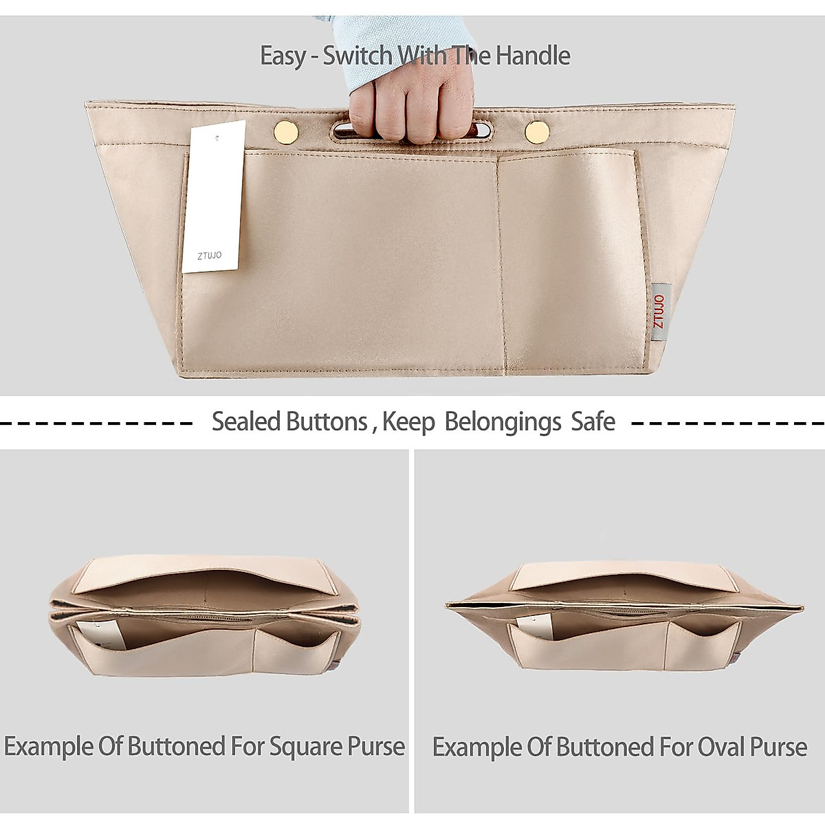 ZTUJO Purse Organizer Insert For Handbags, Silky Bag Organizer With 2 Zippers For Speedy Neverful Tote and More (Beige, Large)