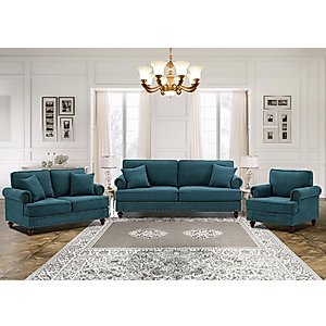 JEEOHEY 3 Piece Living Room Furniture Sets,Comfy Upholstered Sofa Couch Set,Including Armchair&Loveseat&3 Seater Sofa,Modern Deep Seat juegos de muebles de sala with Rolled Arms & Nailhead Trim(Green)