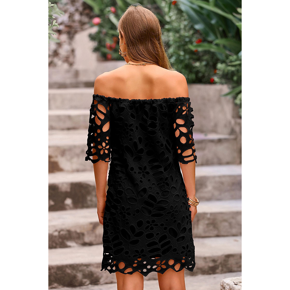 PRETTYGARDEN Women's Summer Off Shoulder Vintage Floral Lace Flare Short Sleeve Loose Elegant Mini Dress (Black,Medium)