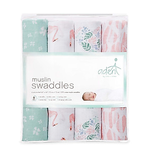 aden + anais Essentials Muslin Swaddle Blankets for Baby Girls and Boys, Newborn Receiving Blanket for Swaddling, 100% Cotton Baby Swaddle Wrap, 4 Pack, Floral, Briar Rose