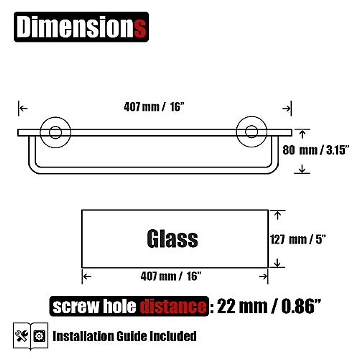 JQK Bathroom Glass Shelf, Shelf with 15 Inch Towel Bar Tempered Glass Shower Storage 16 by 5 inches, 304 Stainless Steel Matte Black Wall Mount, TGS100-PB