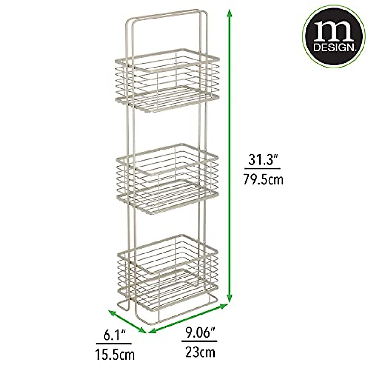 mDesign Slim Metal Wire 3 Tier Free-Standing Bathroom Shelving Unit, Small Narrow Storage Organizer Tower Rack with 3 Basket Bins - Holds Tissues, Hand Soap, Toiletries - Satin