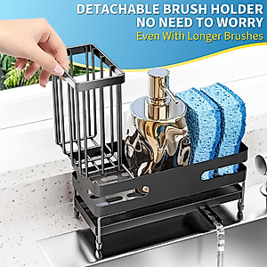 galasily Kitchen Sink Caddy Sponge Holder for Kitchen Sink with Brush Holder and Stainless Steel Self Drain Tray, Rustproof Kitchen Sink Organizer for Sponge, Kitchen Accessories (Black, Large)