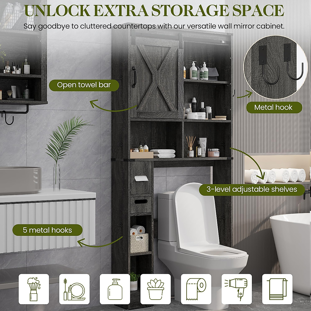 RoyalCraft Over The Toilet Storage Cabinet, Farmhouse Storage Cabinet Over Toilet with Sliding Barn Door, Home Space-Saving Toilet Rack, Behind Toilet Bathroom Organizer for Bathroom, Dark Grey