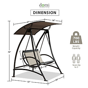 Domi Porch Patio Swing with Adjustable Canopy, 2-seat Swing with Stand, Outdoor Loveseat Swing w/Armrests, Weather Resistant Steel Frame and Textilene Fabric Dark Brown
