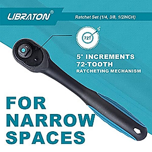 LIBRATON Ratchet Set, 3-Piece 1/4", 3/8", 1/2" Ratchet Handle with Teardrop Head, Quick-Release Ratchet Set with Comfort Grip, Reversible Design, 72-Tooth, EVA Organizer