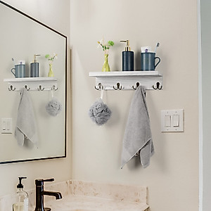 Vrisa Coat Hooks Shelves with 16 Hooks Coat Rack Wall Mounted Towel Rack Wood Hanging Storage for Entryway Bathroom Bedroom Living Room Shelf for Towel Key Set of 2
