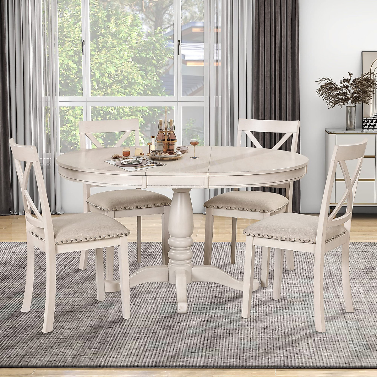 Melpomene 5-Piece Modern Dining Table Set, Extendable Dining Table Set for 4, Wood Round Dining Table Set with 4 Chairs,Antique White