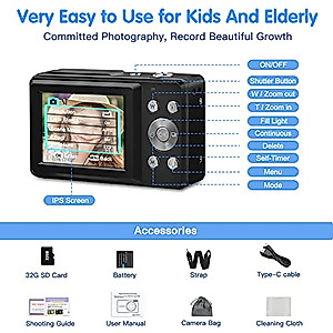 Zostuic Black Pocket Digital Camera for Photography and Video with 32G SD Card and Rechargeable Battery, Small Camera for Kids Teens Boys Girls Seniors Birthday Festival Daily Gift