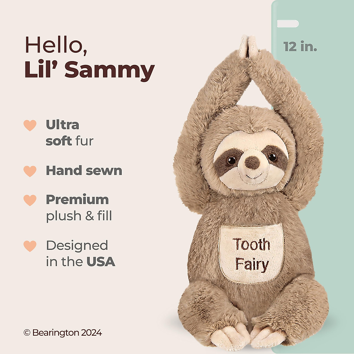Bearington 12 inch Tooth Fairy Door Hanger Stuffed Animal, Lil' Sammy Sloth Tooth Holder, Tooth Fairy Doll with Tooth Pocket Pouch