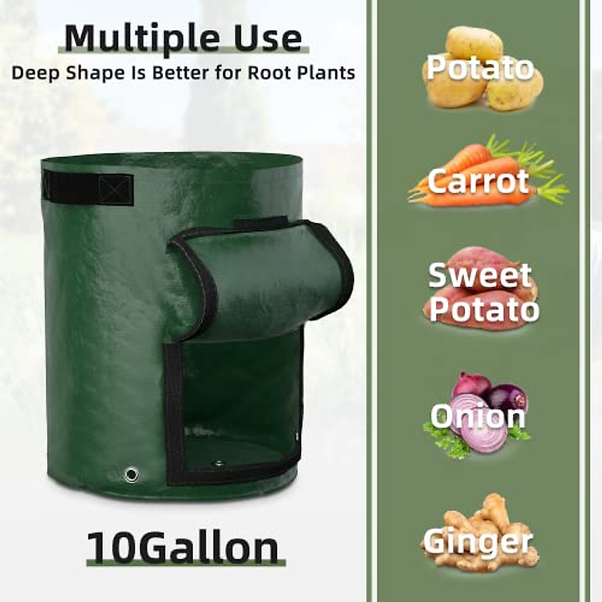 GreatBuddy 10 Gallon Potato Grow Bags 6-Pack, Thick PE Fabric Pots for Plants, Harvest Windows & Sturdy Handles, Labels Included, Green