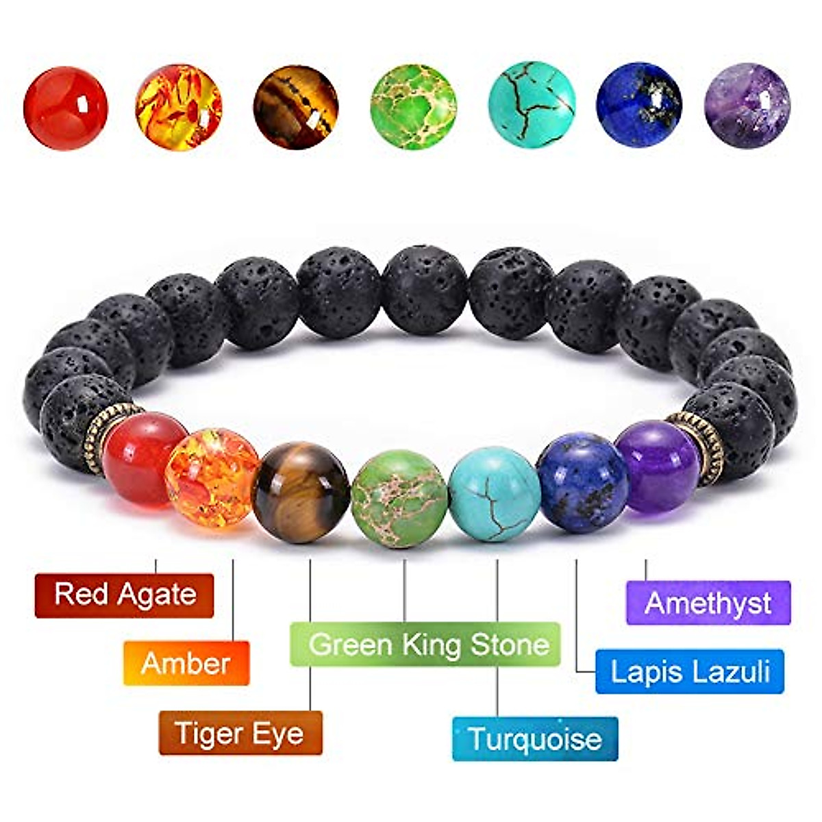Black Lava Stone 7 Chakra Bracelets 6pcs mix 8mm Yinyang Rock Bead Elastic Natural Stones Gemstones Oil Diffuser Yoga Menditation Beads Bracelets for Men Women Girls Jewelry (6pcs Lava Stone Bracelet)