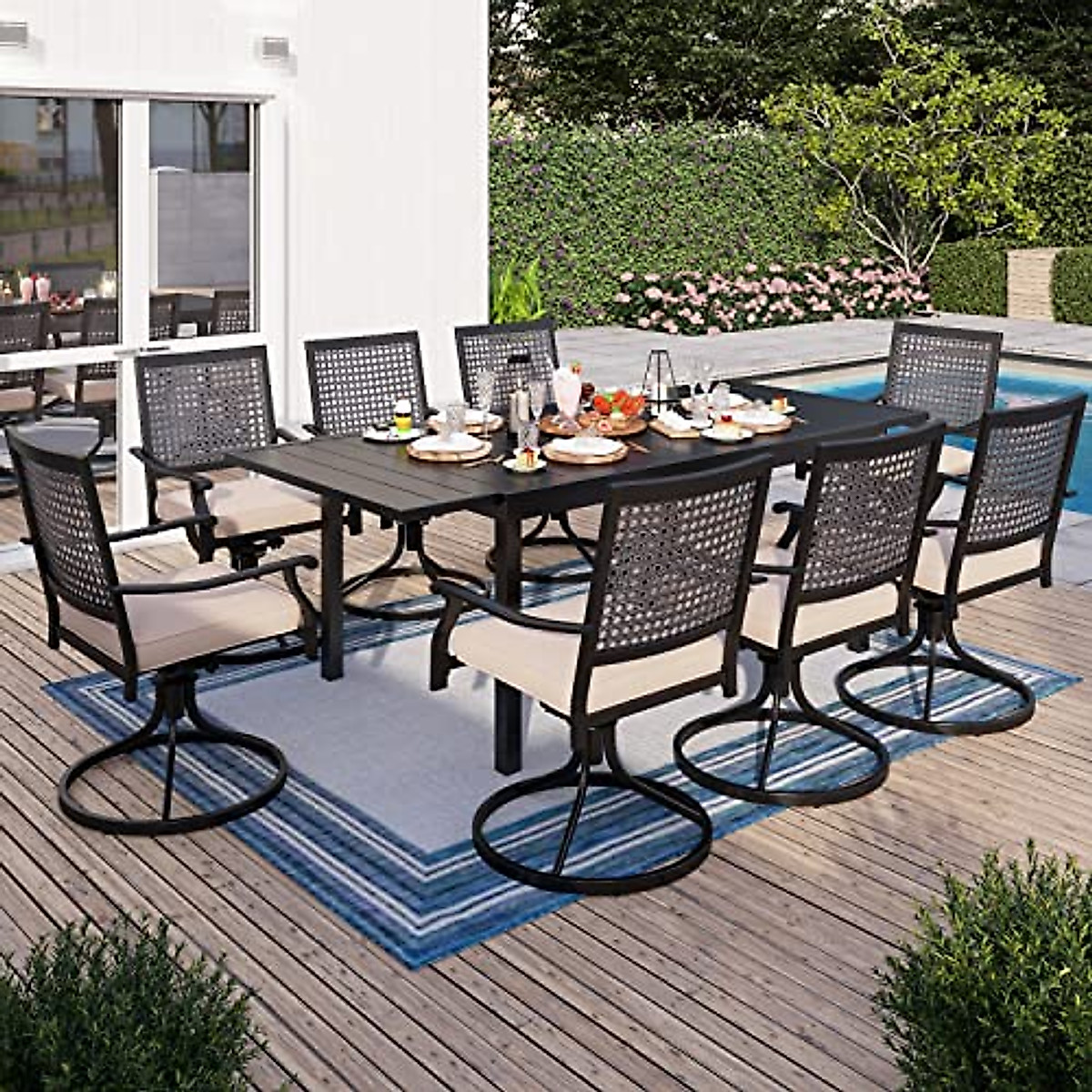 Sophia & William Patio Dining Set 9 Piece Expandable Outdoor Table Furniture Set with 8 Swivel Dining Metal Chairs and 1 Rectangular Expanding Dining Table for Garden Deck Backyard