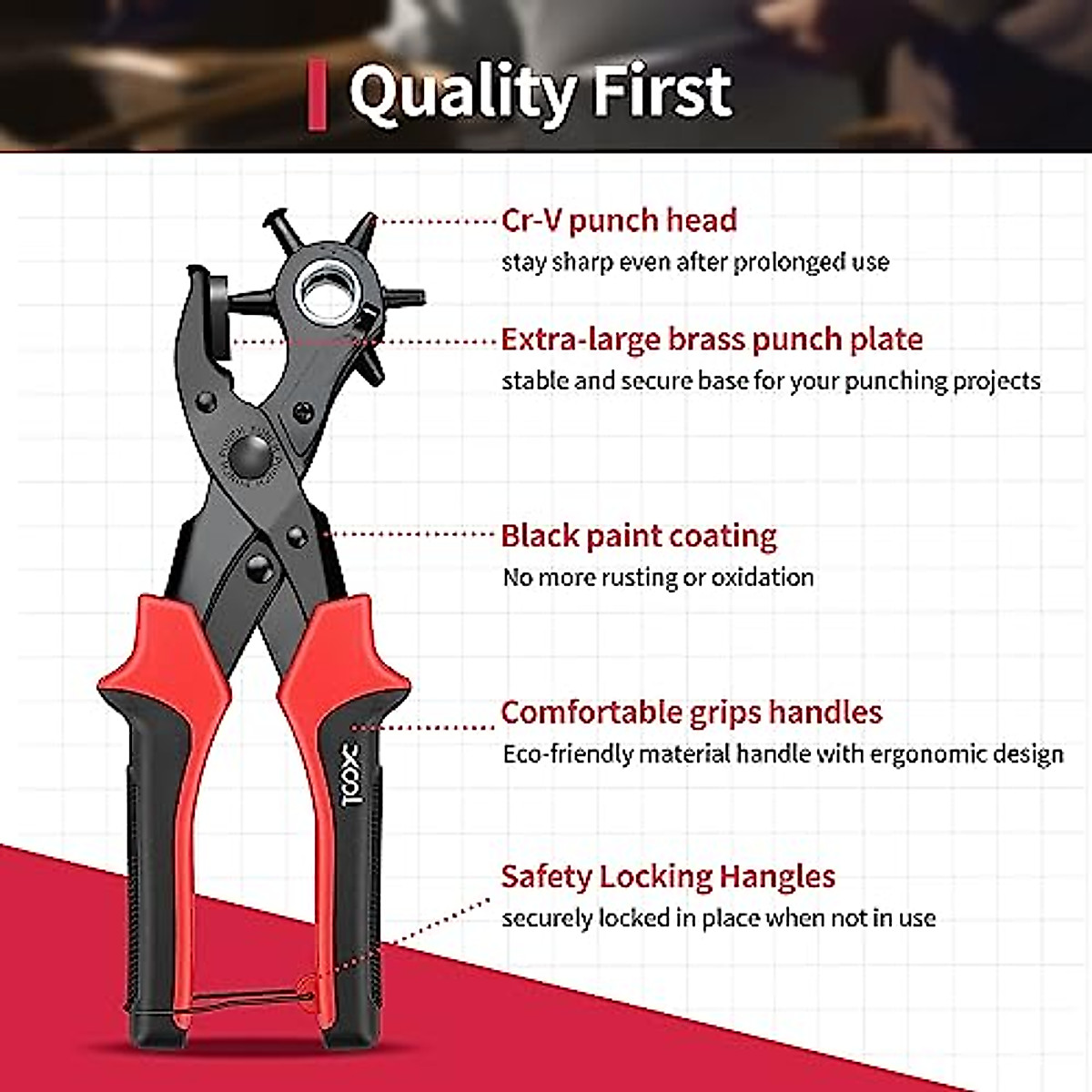 Revolving Punch Plier Kit, XOOL Leather Hole Punch Set for Belts, Watch Bands, Straps, Dog Collars, Saddles, Shoes, Fabric, DIY Home or Craft Projects, Heavy Duty Rotary Puncher, Multi Hole Sizes Make