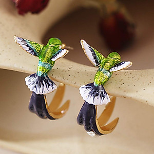 Cute Hummingbird Earrings Flying Hummingbird Oil Painting Dangle Earrings Enamel Hummingbird Stud Earrings Colorful Metal Animal Elegant Hummingbird Bird Studs Earring Jewelry - Green
