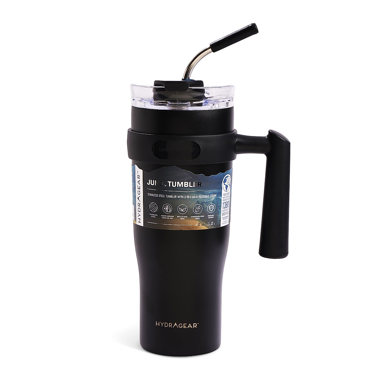 Hydragear Juno Stainless Steel Tumbler with 2-in-1 Lid and Reusable Straw - 40 Oz - Onyx Powder Coat