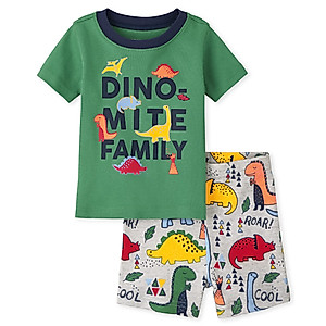 The Children's Place unisex baby The Children's Place Toddler Short Sleeve Top and Shorts Snug Fit 100% Cotton 2 Piece Pajama Set, Dino, 12-18 Months US