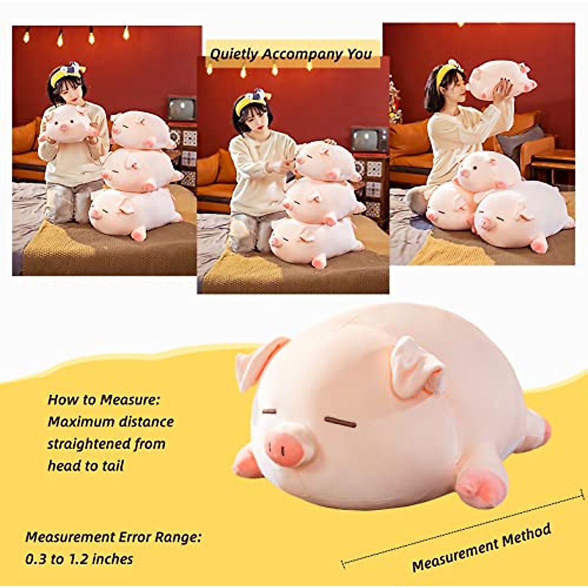 CHDGIOHA Pig Stuffed Animal Plush Pillow - 15.7'' Cute Kawaii Pink Pig Hugging Pillow, Soft Cuddle Plush Toy, Adorable Birthday Gift for Girls and Girlfriend (Round Eyes, 15.7in)